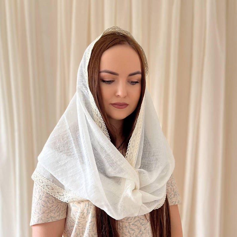 White Linen Veil With Soft Lace Trim for Church and Prayer, Modest ...