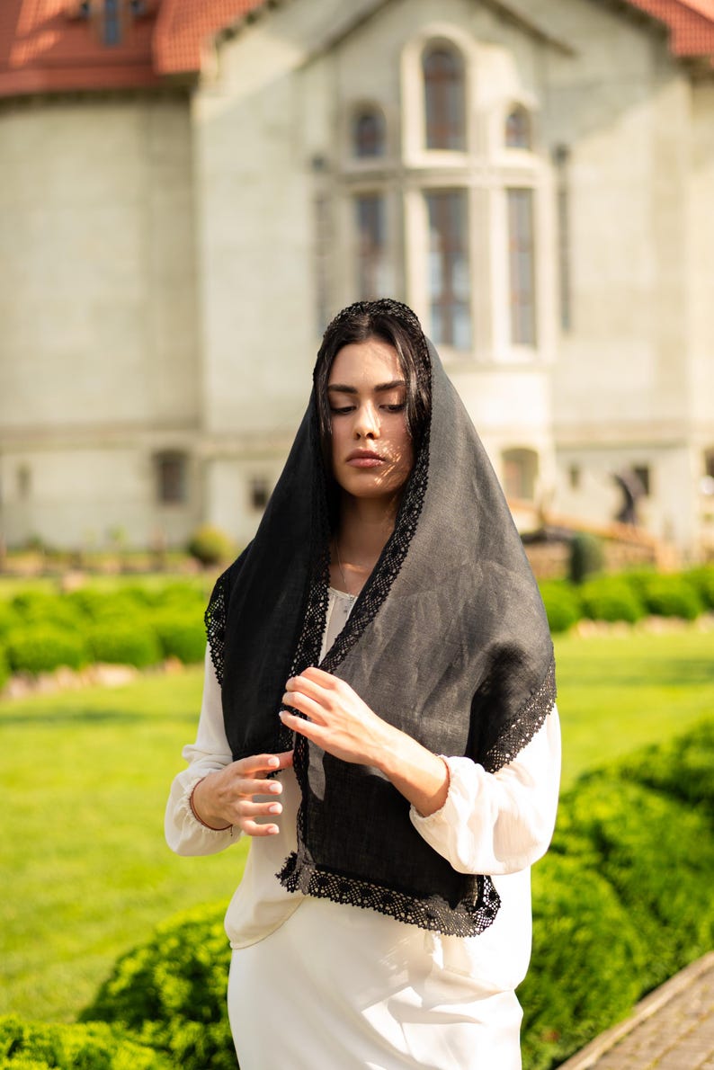 Black Linen Chapel Veil With Lace, Christian Head Scarf, Mantilla Veil ...