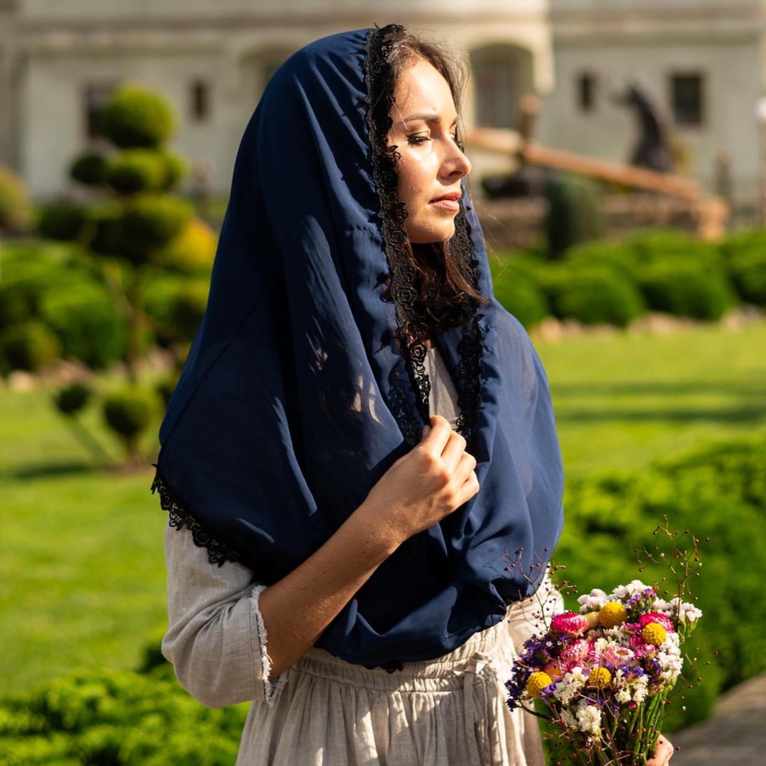 Navy Blue Chapel Veil Mantilla With Black Lace Edge ,lightweight Modest ...