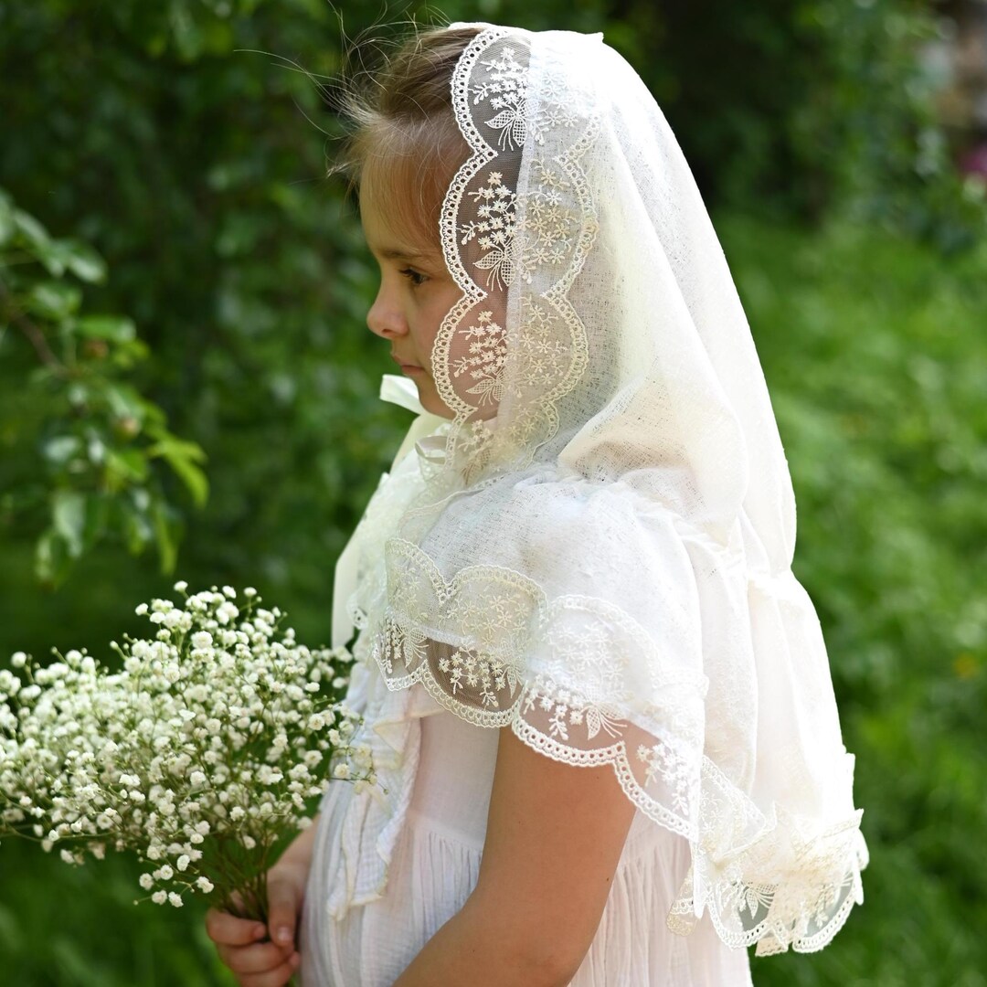 Girl’s White Church Veil, Flower Girl Veil, First Communion or Baptism ...