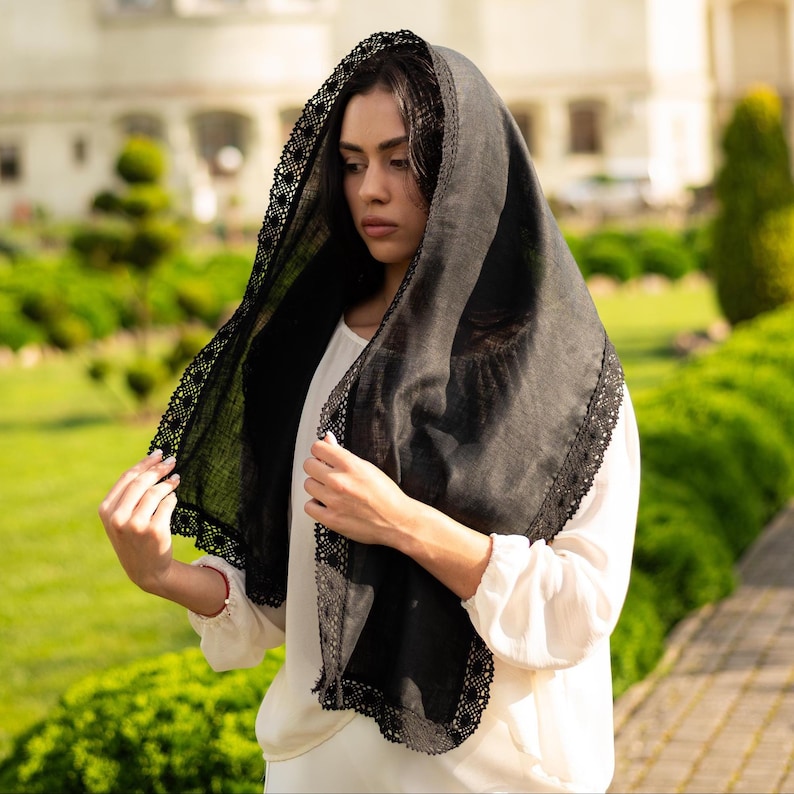 Black Linen Chapel Veil With Lace, Christian Head Scarf, Mantilla Veil ...