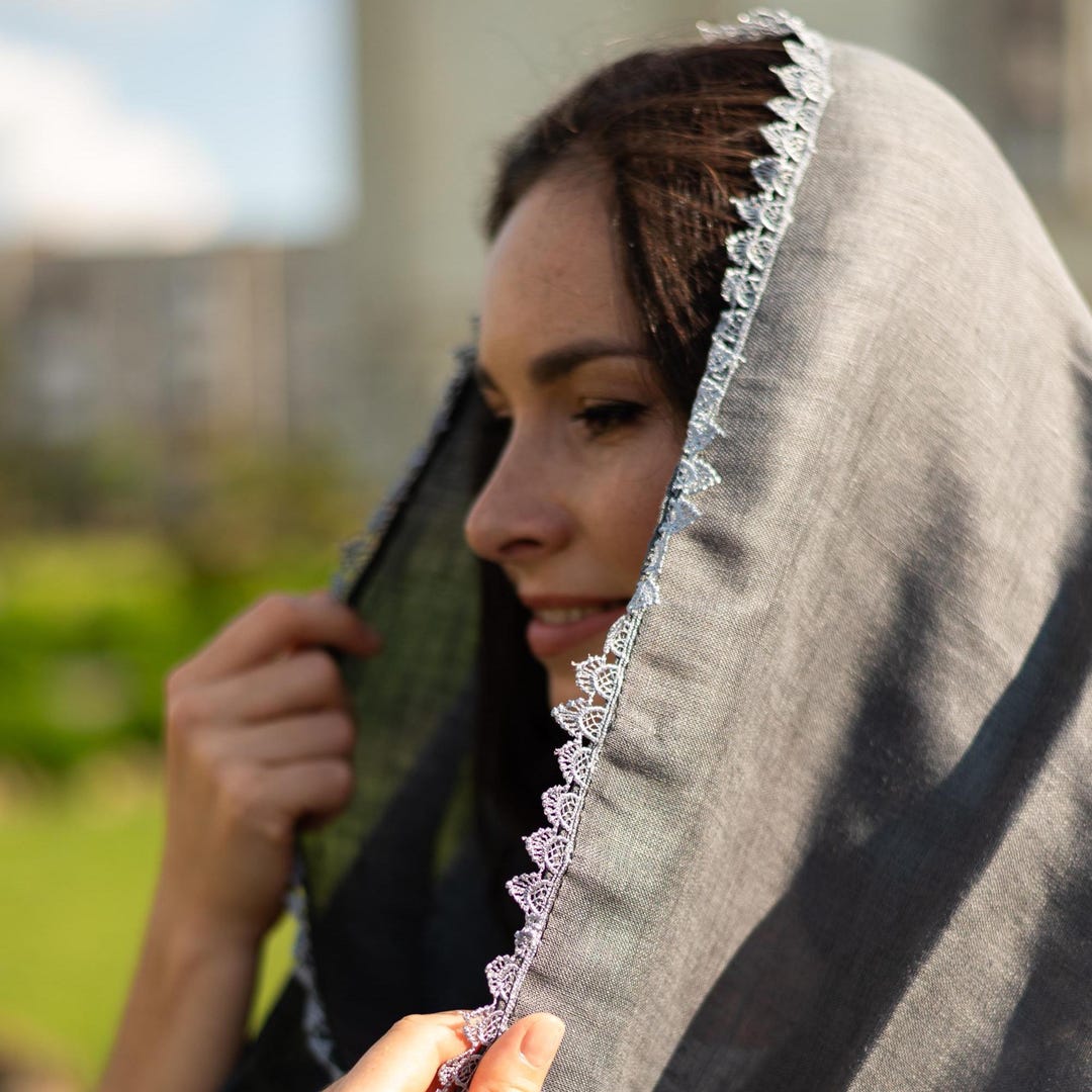 Gray Infinity Chapel Veil Mantilla With Black Crochet Lace Trim, Modest ...
