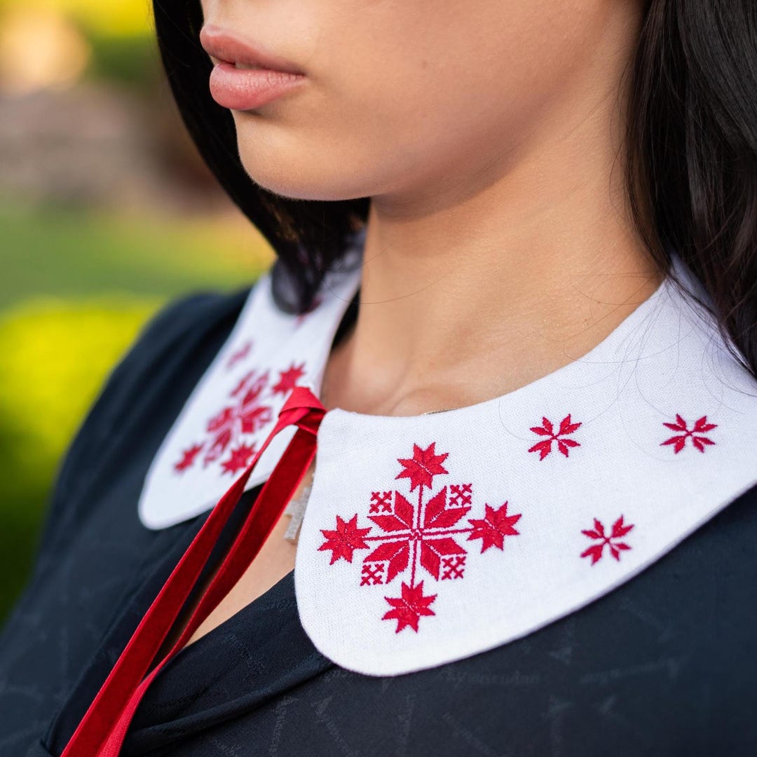 White Linen Detachable Peter Pan Collar With Red Cross Stitch ...