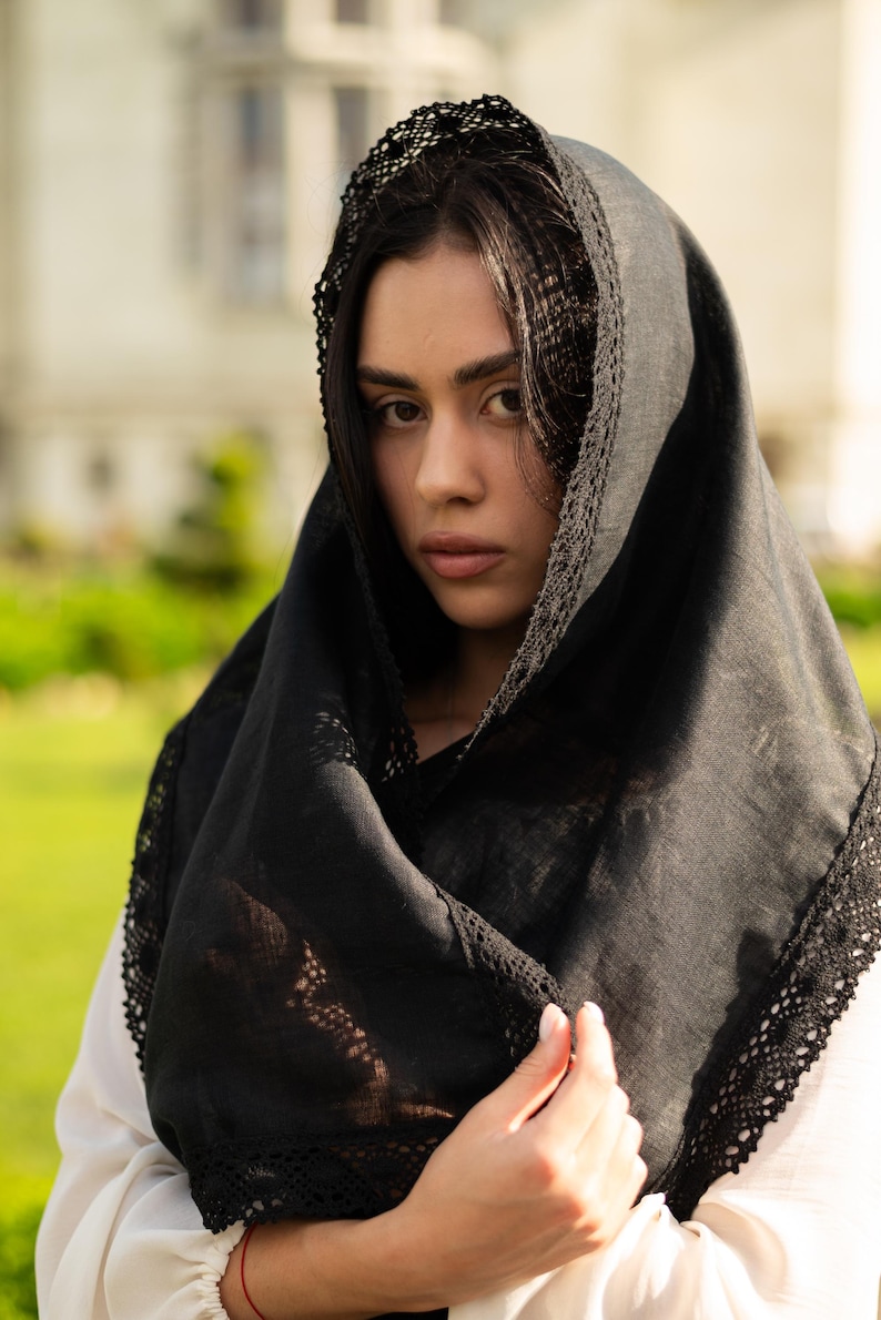 Black Linen Chapel Veil With Lace, Christian Head Scarf, Mantilla Veil ...