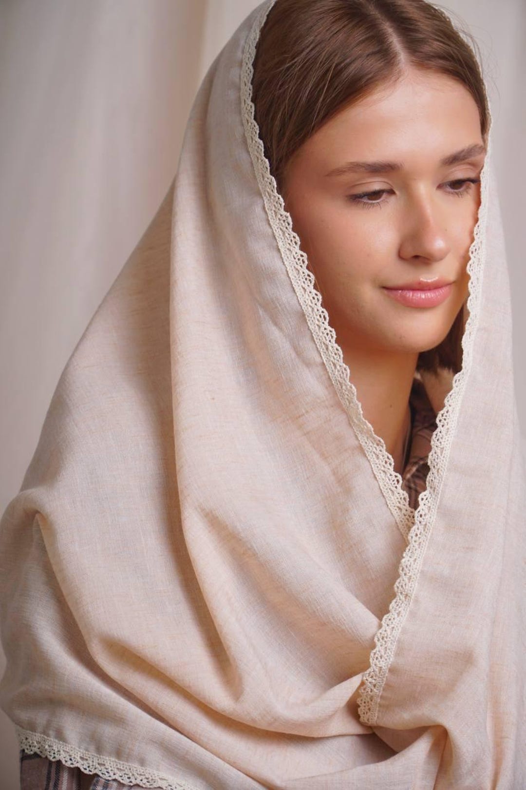 Natural Beige Linen Church Veil With Delicate Lace Trim, Modest ...