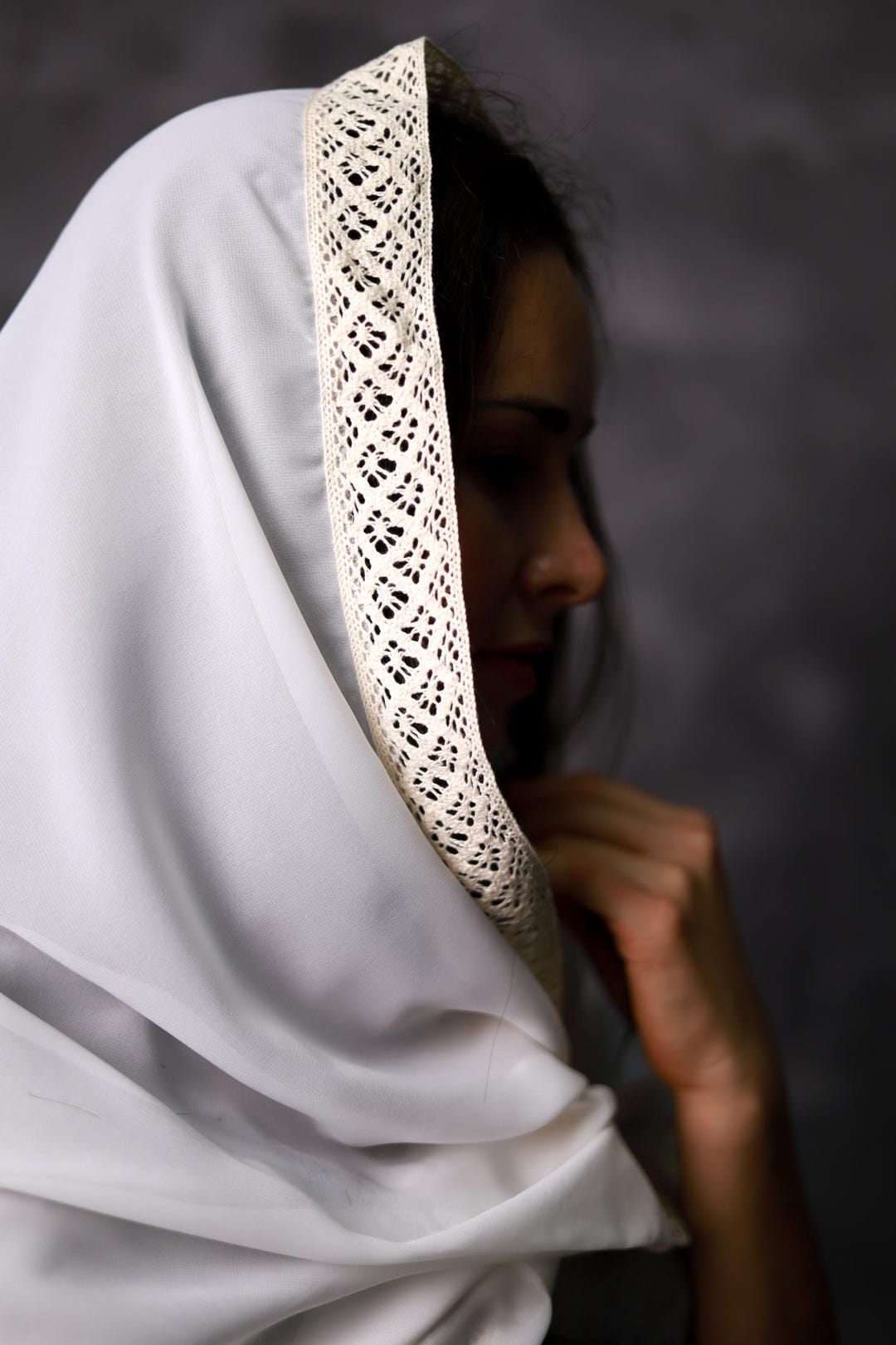 White Infinity Chapel Veil With Beige Lace Trim, Soft Chiffon Catholic ...