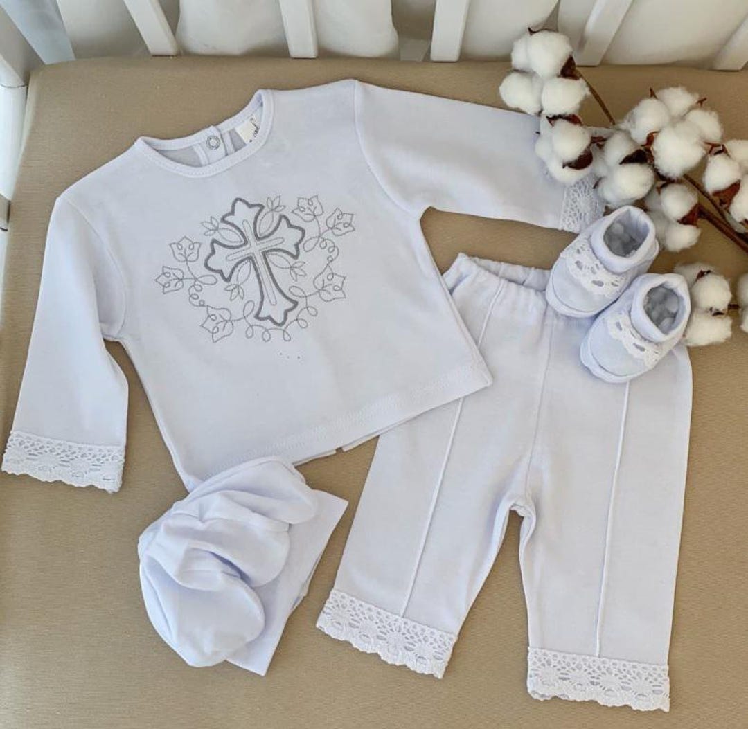 Baby Christening Outfit Set With Cross Embroidery, White Baptism ...