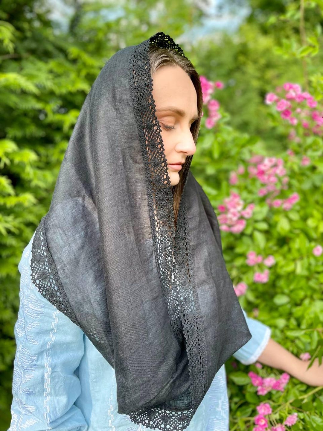 Black Linen Infinity Chapel Veil With Crochet Lace Trim, Modest Head ...