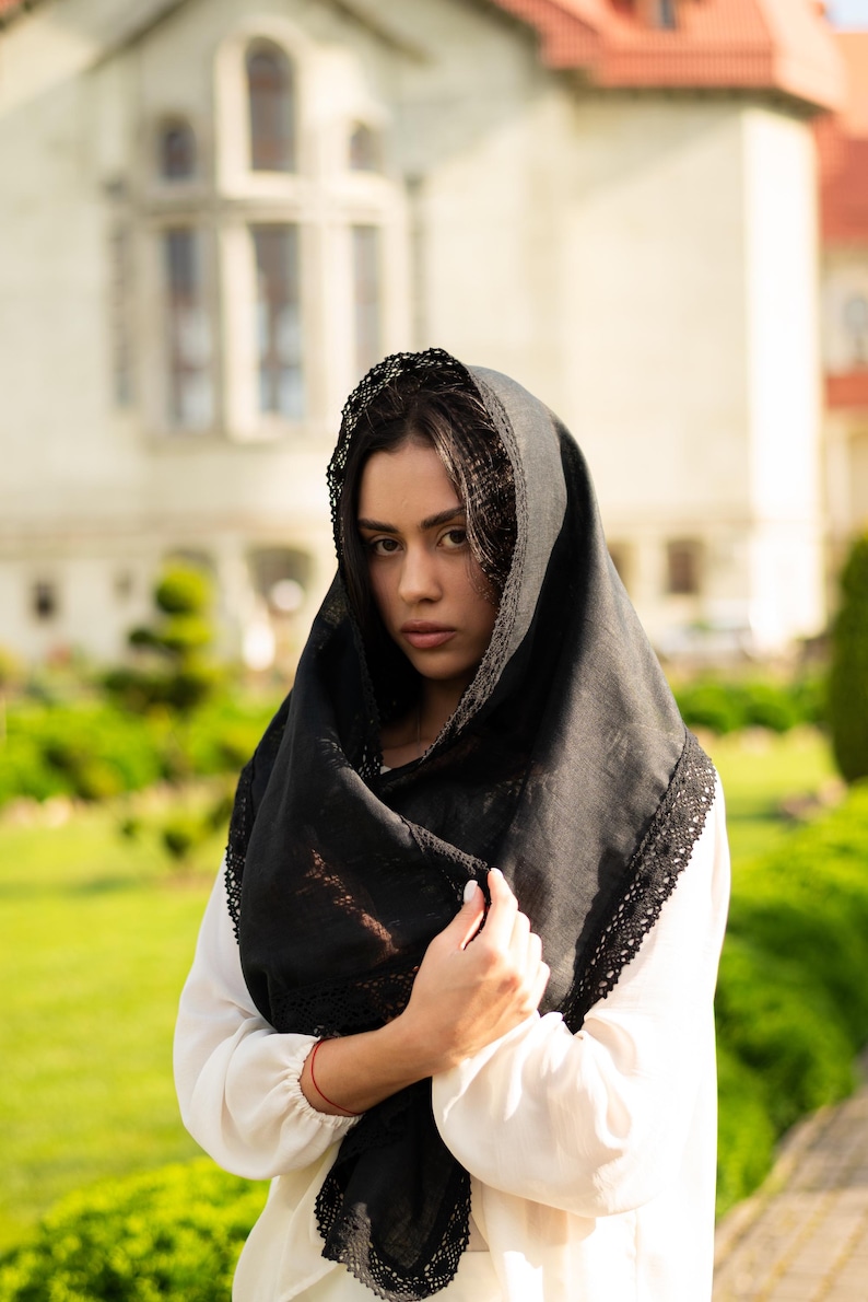 Black Linen Chapel Veil With Lace, Christian Head Scarf, Mantilla Veil ...