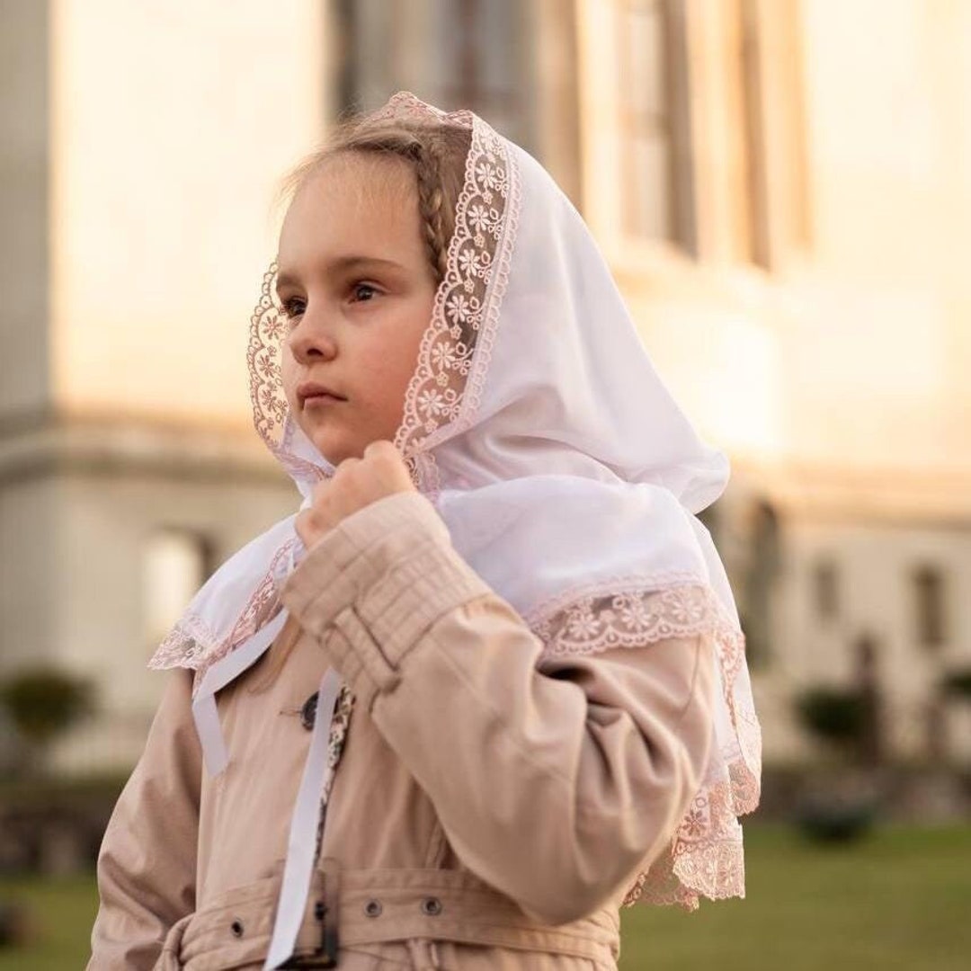 Elegant White Lace Headscarf for Girls, Soft Church Veil With Ivory ...