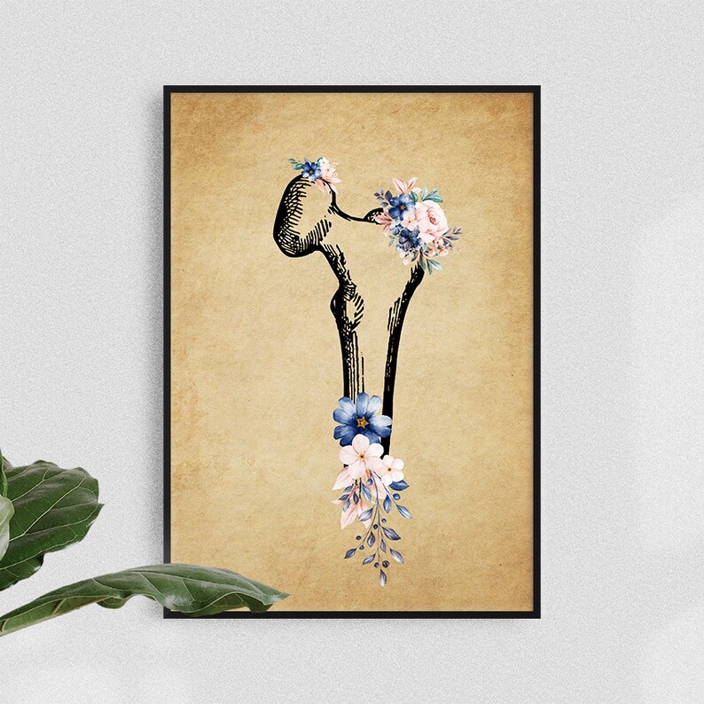 Femur Art Print, Femoral Head Poster, Floral Anatomy Art, Medical ...
