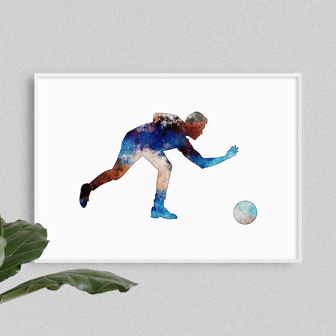 Bowling Watercolor Print, Male Bowler Player Blue Brown Artwork for ...