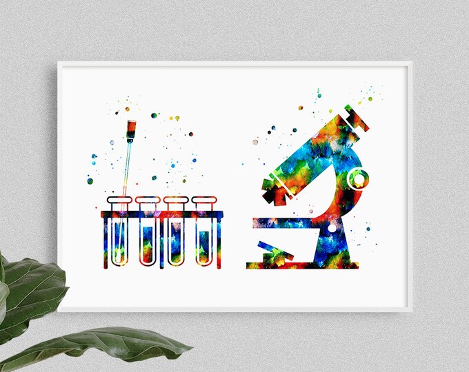 Microscope Art Watercolor Print Microbiologist Gift Lab Wall Decor ...