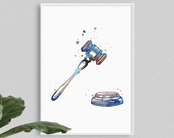 Lawyer Office Decor, Gavel Watercolor Print, Multicolored Vibrant ...
