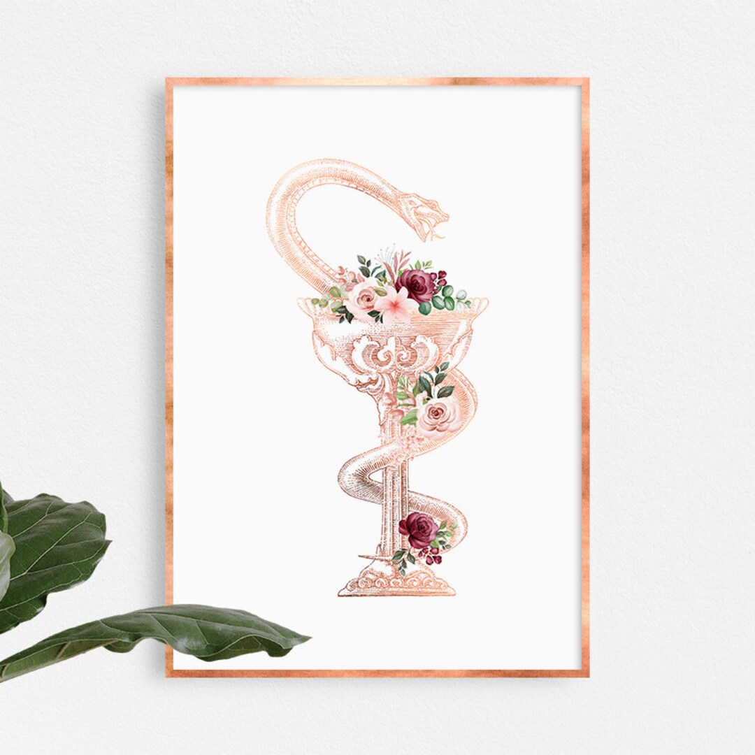 Pharmacist Caduceus Symbol, Bowl of Hygeia, Floral Style Print ...