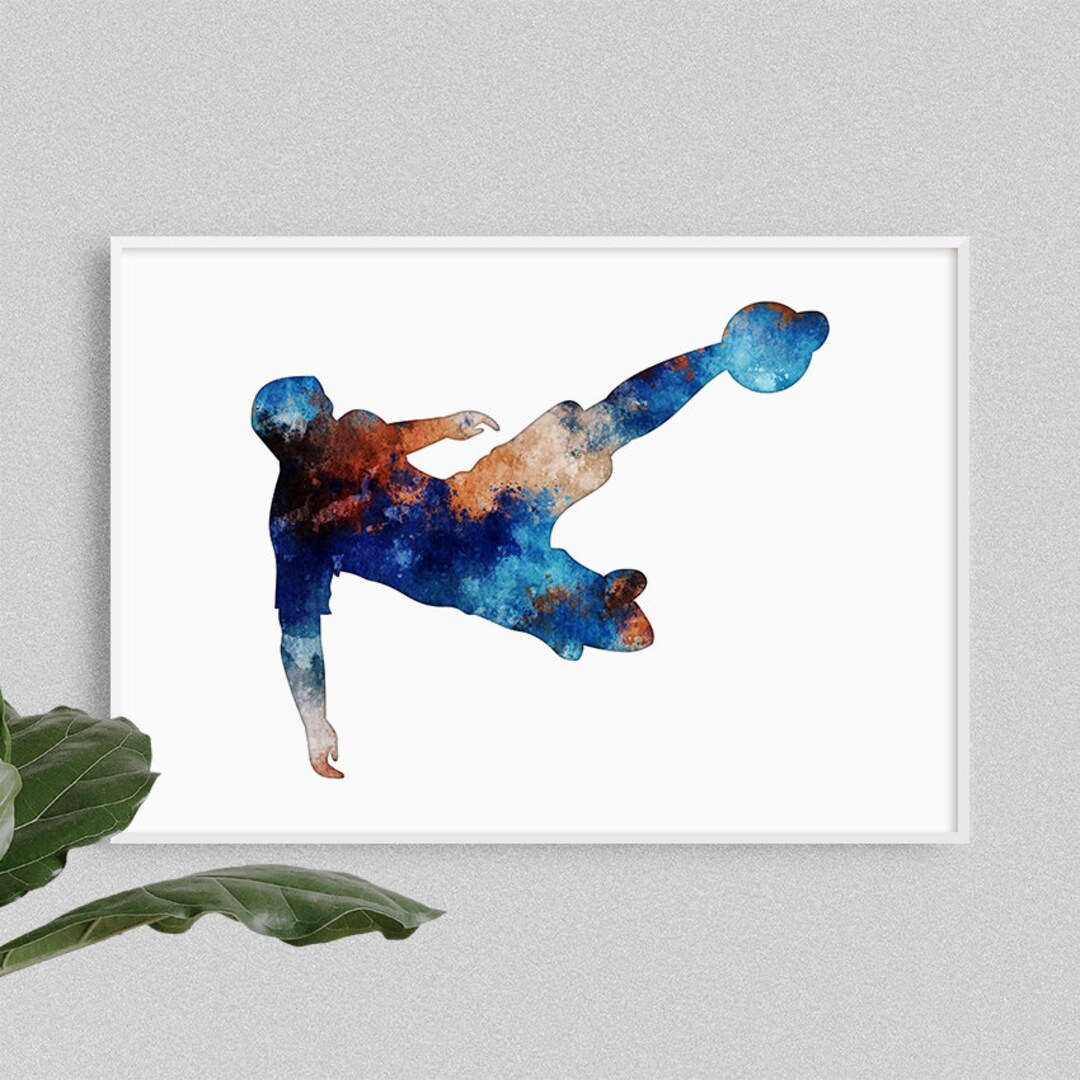 Male Soccer Player Print, Blue Brown Watercolor Artwork for Teenager ...