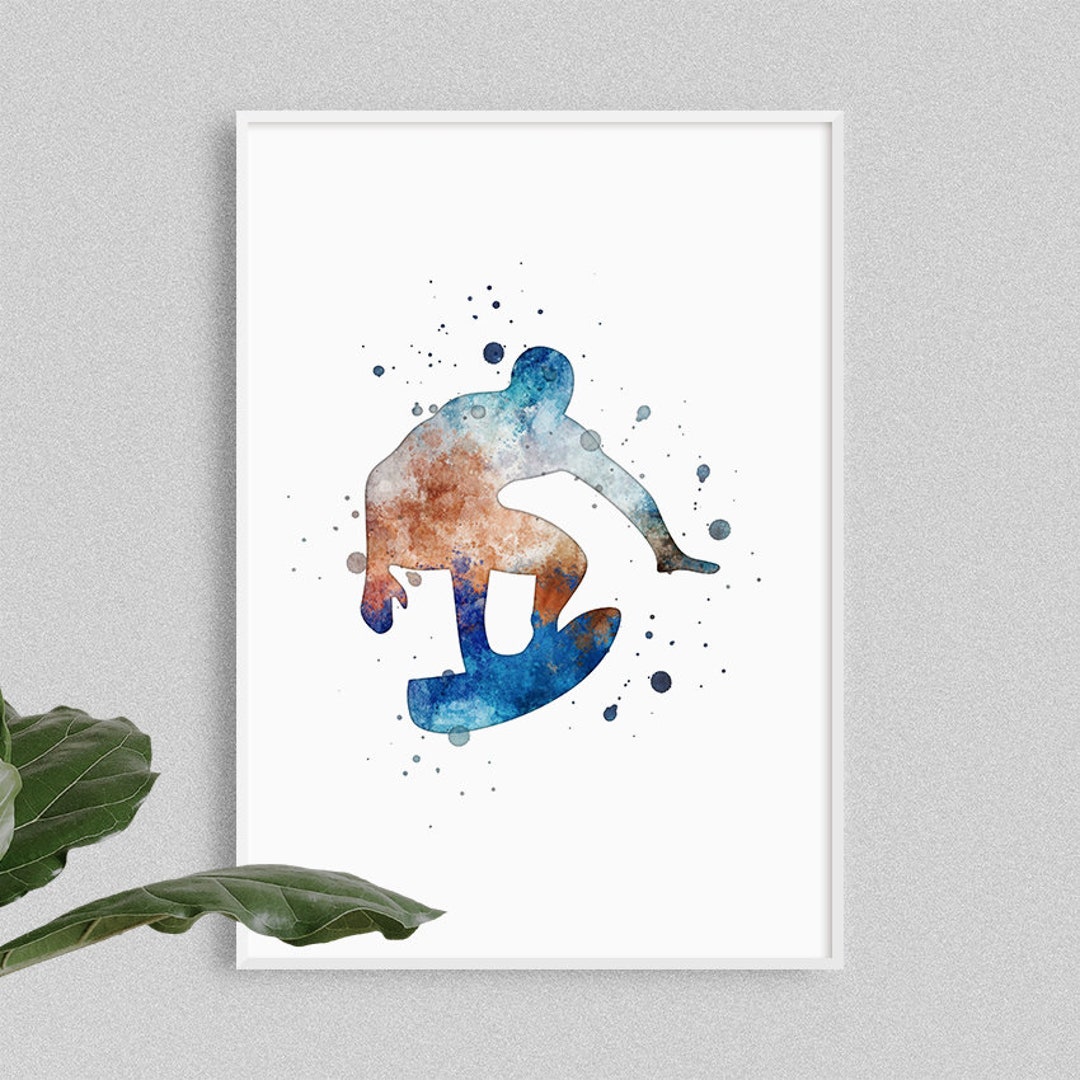 Surfing Poster, Male Surfer Silhouette Watercolor Artwork, Water Sport ...