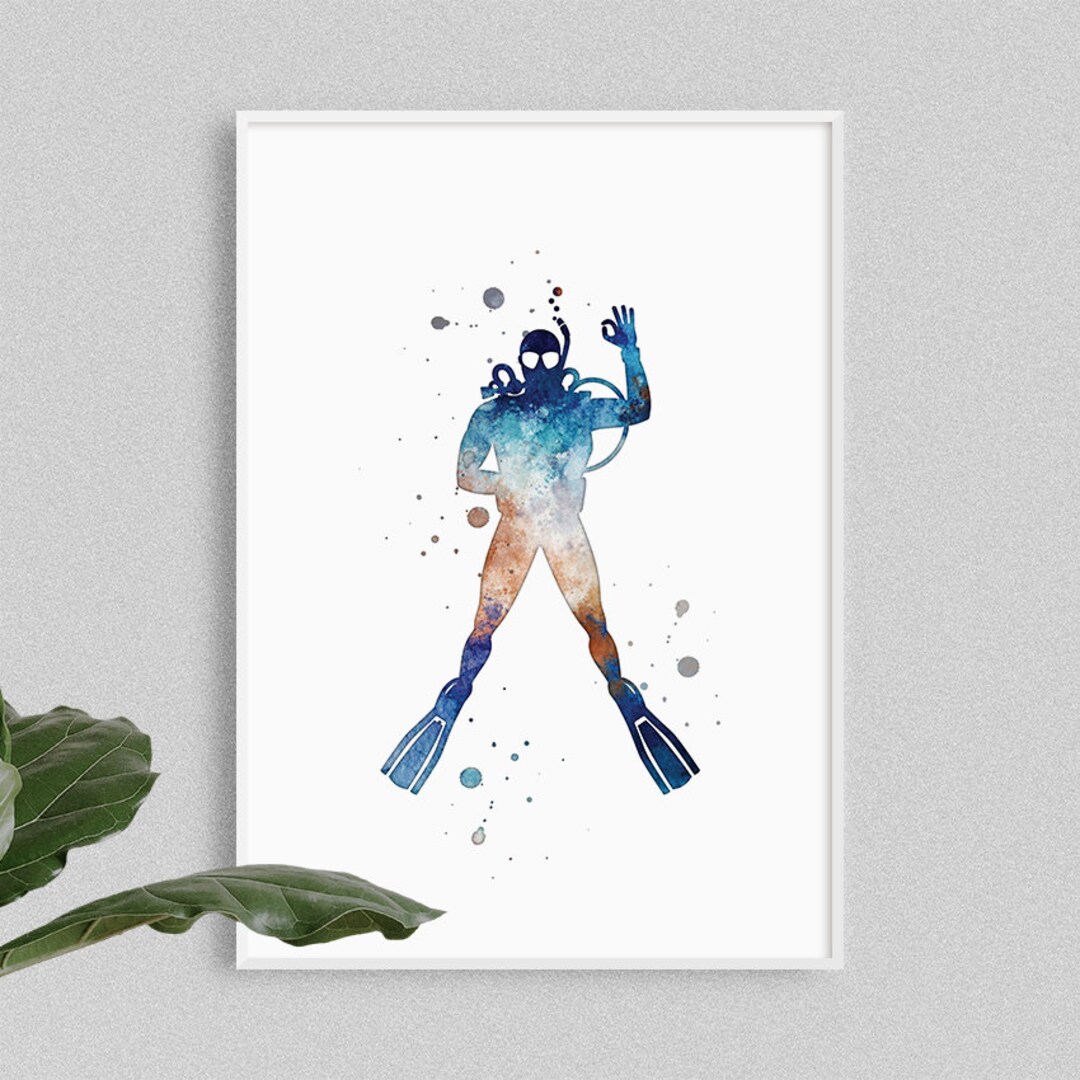 Scuba Diving Print, Blue Watercolor Artwork, Water Sport Theme Poster ...