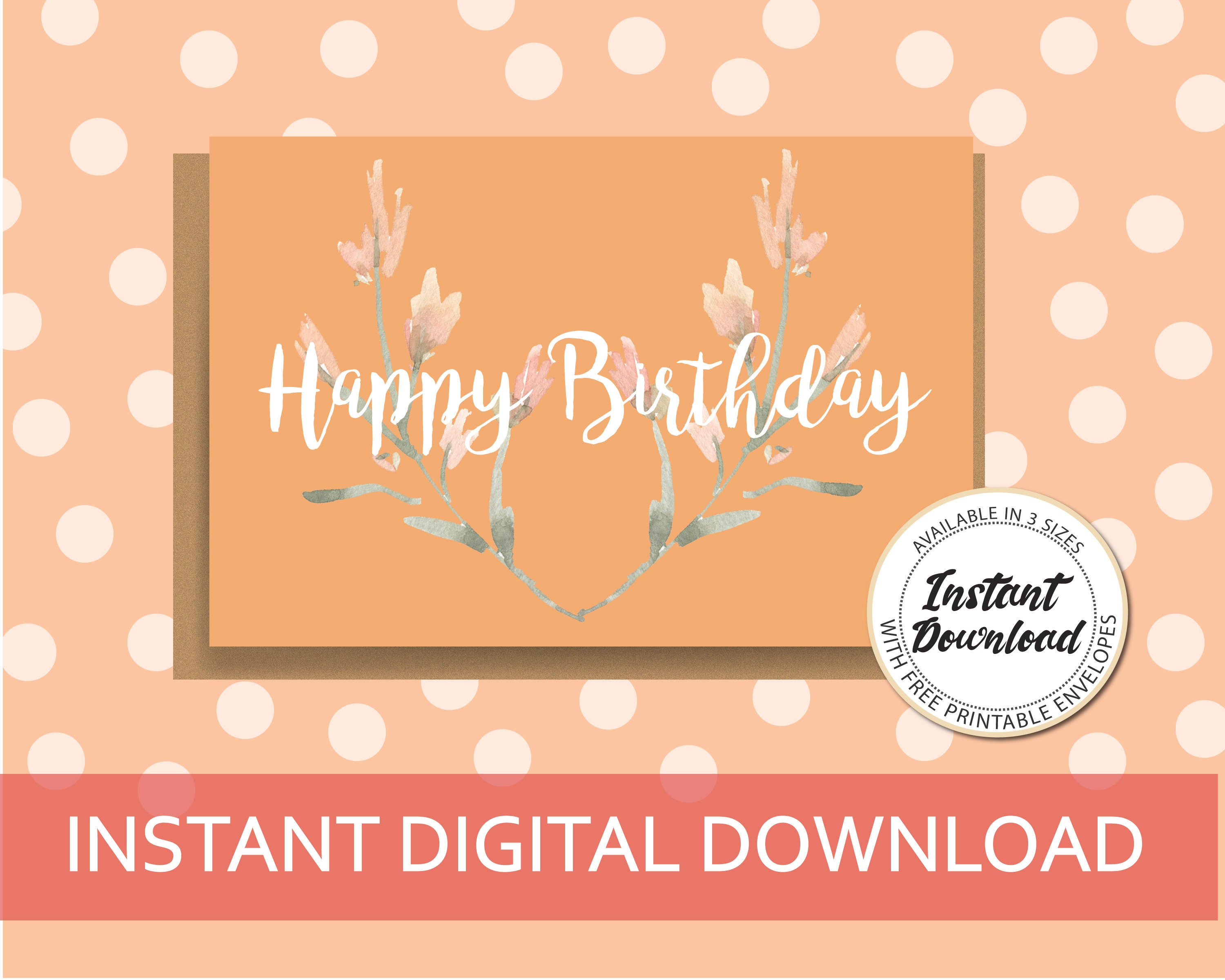 Pretty Birthday Card, Birthday Card Pdf, Floral Card, Instant Download ...