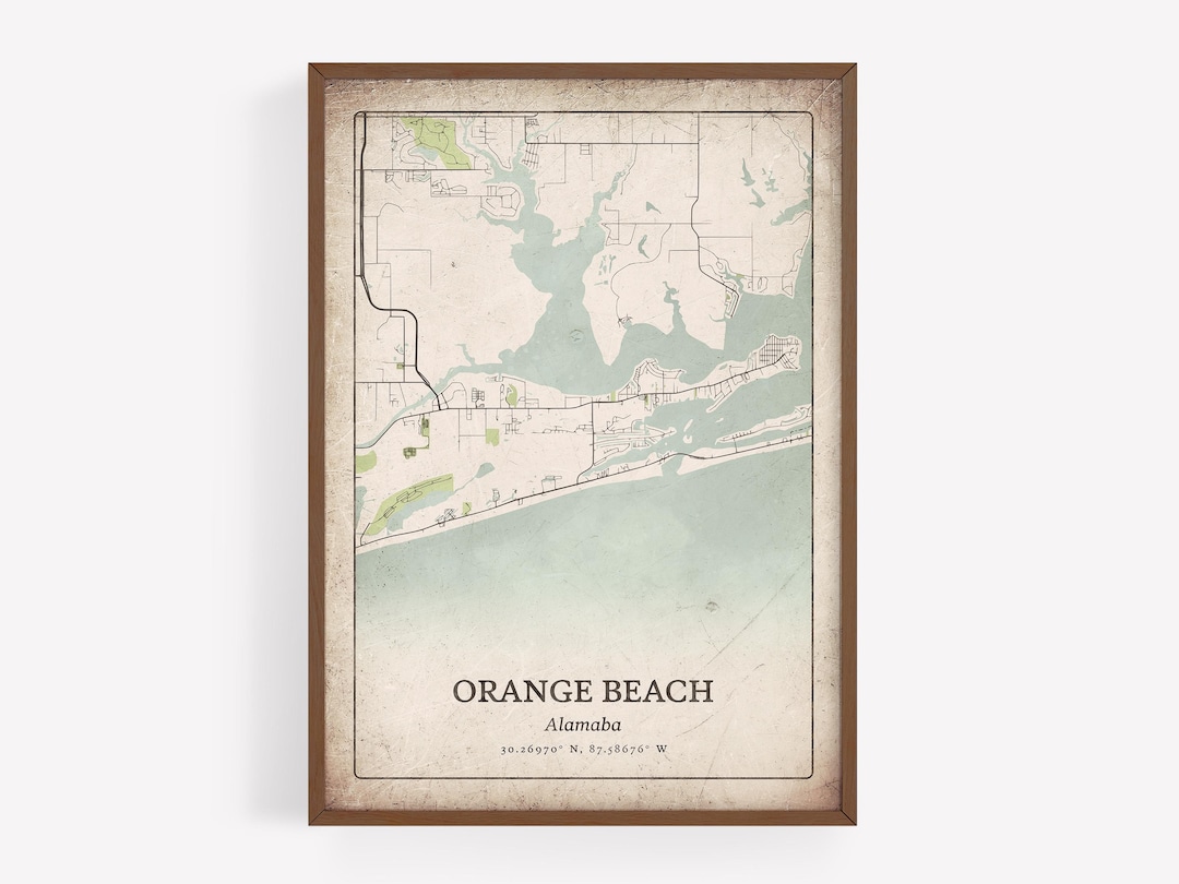 Rustic Orange Beach Map Print, Retro Distressed Wall Art, Orange Beach ...
