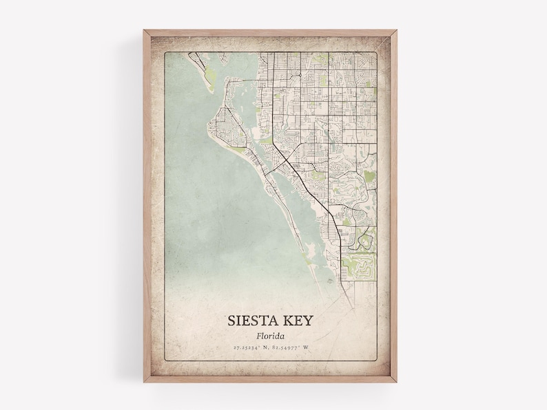 Rustic Siesta Key Map Print, Classic Grunge Wall Art, Siesta Key City ...