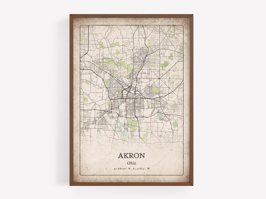 Classic Akron Map Print, Distressed Retro Wall Art, Akron Poster, Urban ...