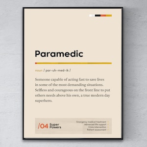 Paramedic Definition Poster, Ambulance Technician Coworker Wall Art ...