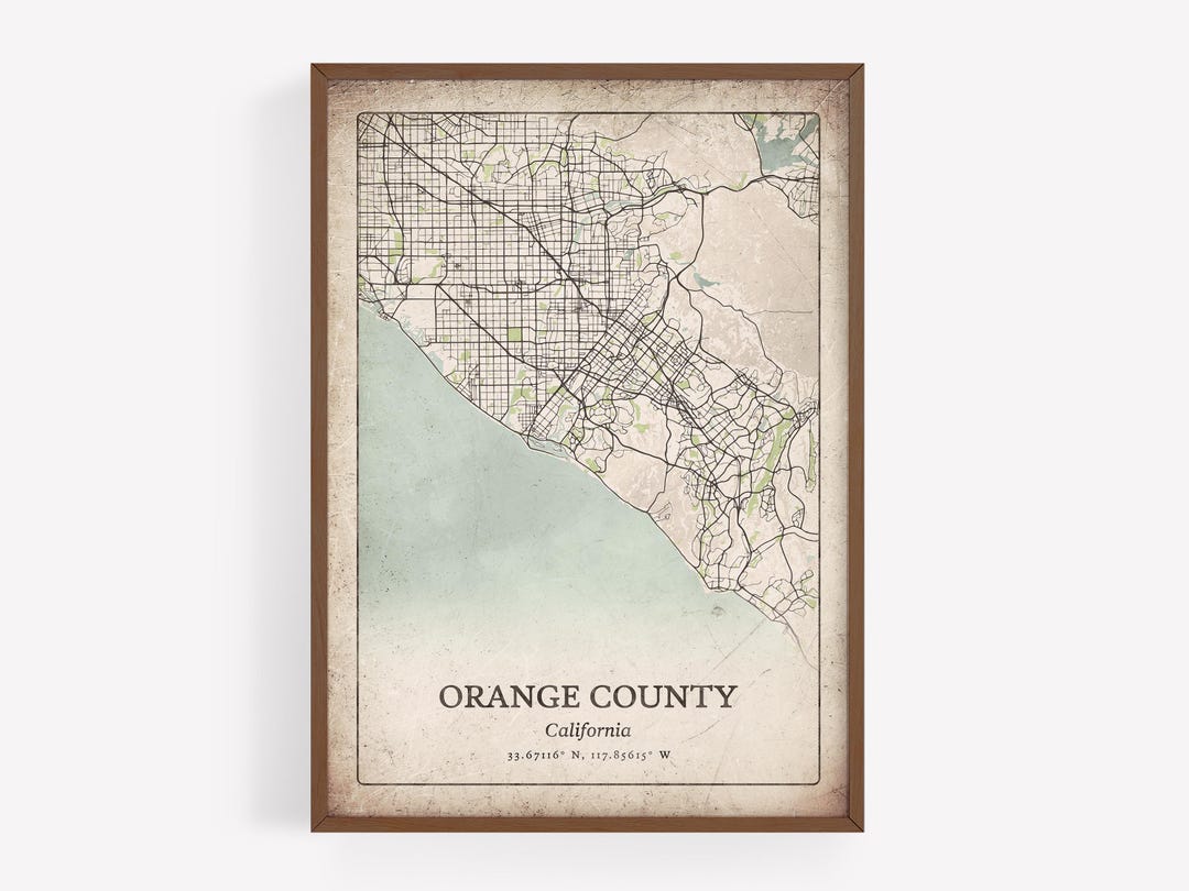 Classic Orange County Map Print, Distressed Rustic Wall Art, Orange ...