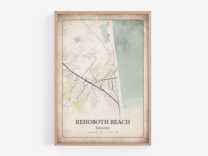 Classic Rehoboth Beach Map Print, Distressed Grunge Wall Art, Rehoboth ...