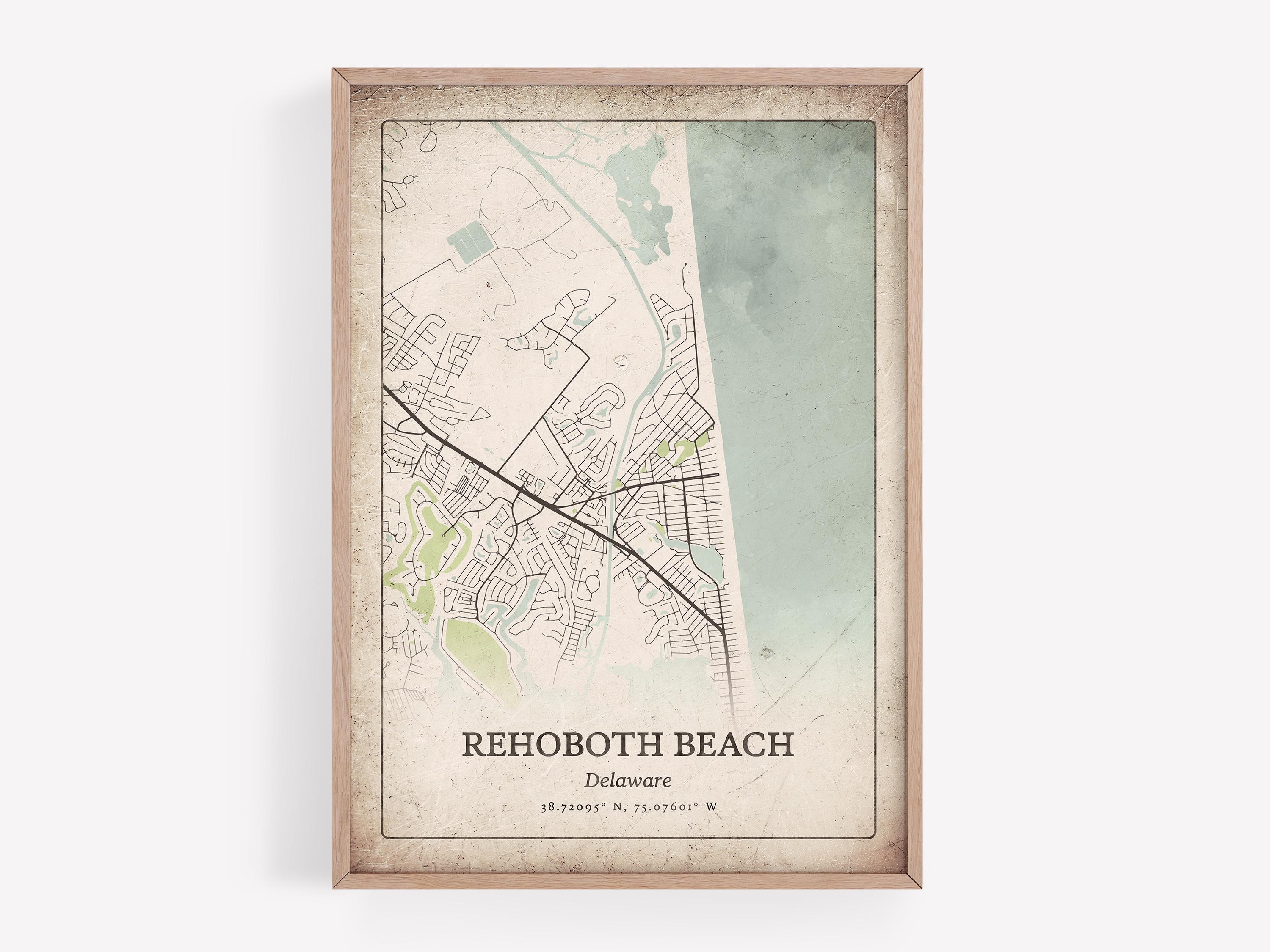 Classic Rehoboth Beach Map Print, Distressed Grunge Wall Art, Rehoboth ...