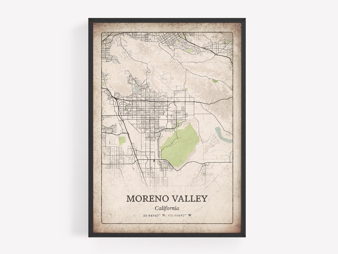 Vintage Moreno Valley Map Print, Retro Distressed Wall Art, Moreno ...