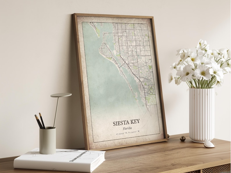 Rustic Siesta Key Map Print, Classic Grunge Wall Art, Siesta Key City ...