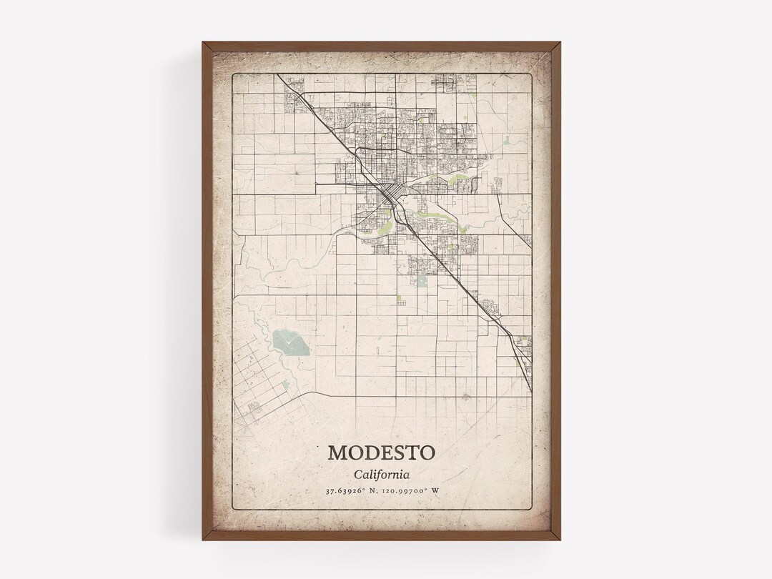 Vintage Modesto Map Print, Classic Rustic Wall Art, Modesto Poster ...