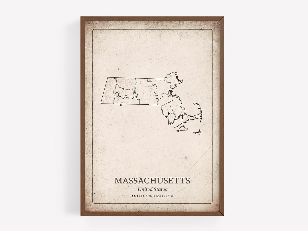 Classic Massachusetts Map Print, Grunge Vintage Wall Art, Massachusetts ...