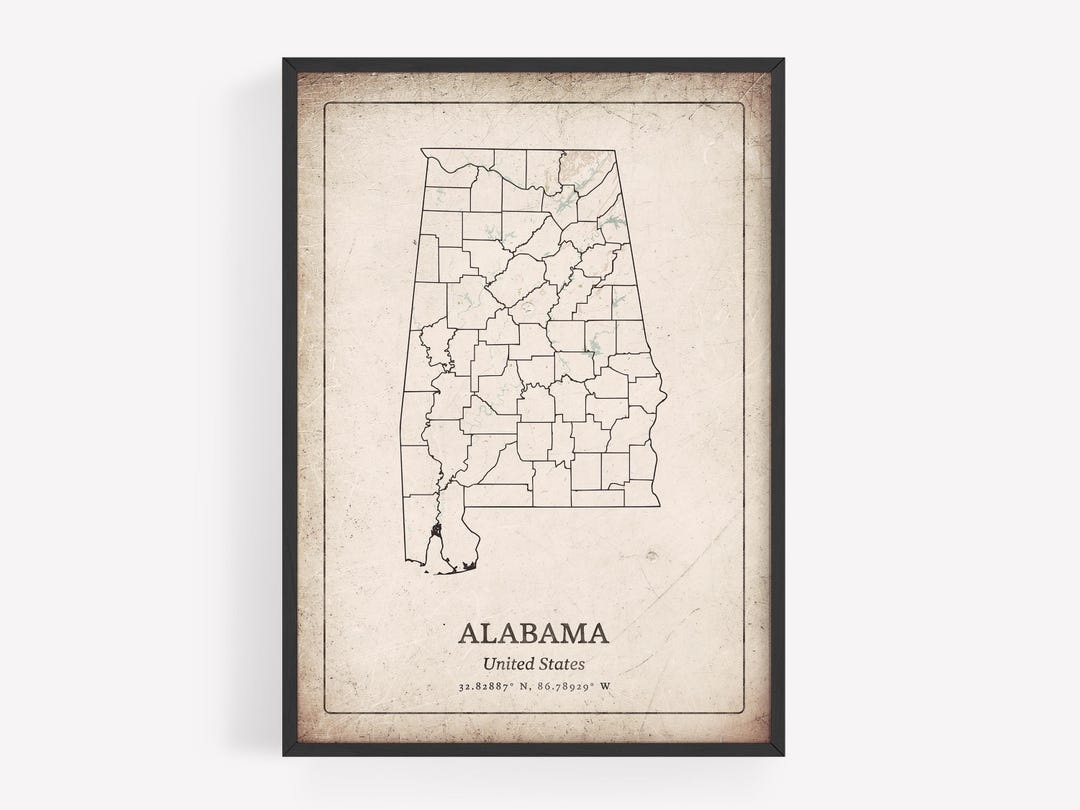Vintage Alabama Map Print, Retro Grunge Wall Art, Alabama State Poster ...