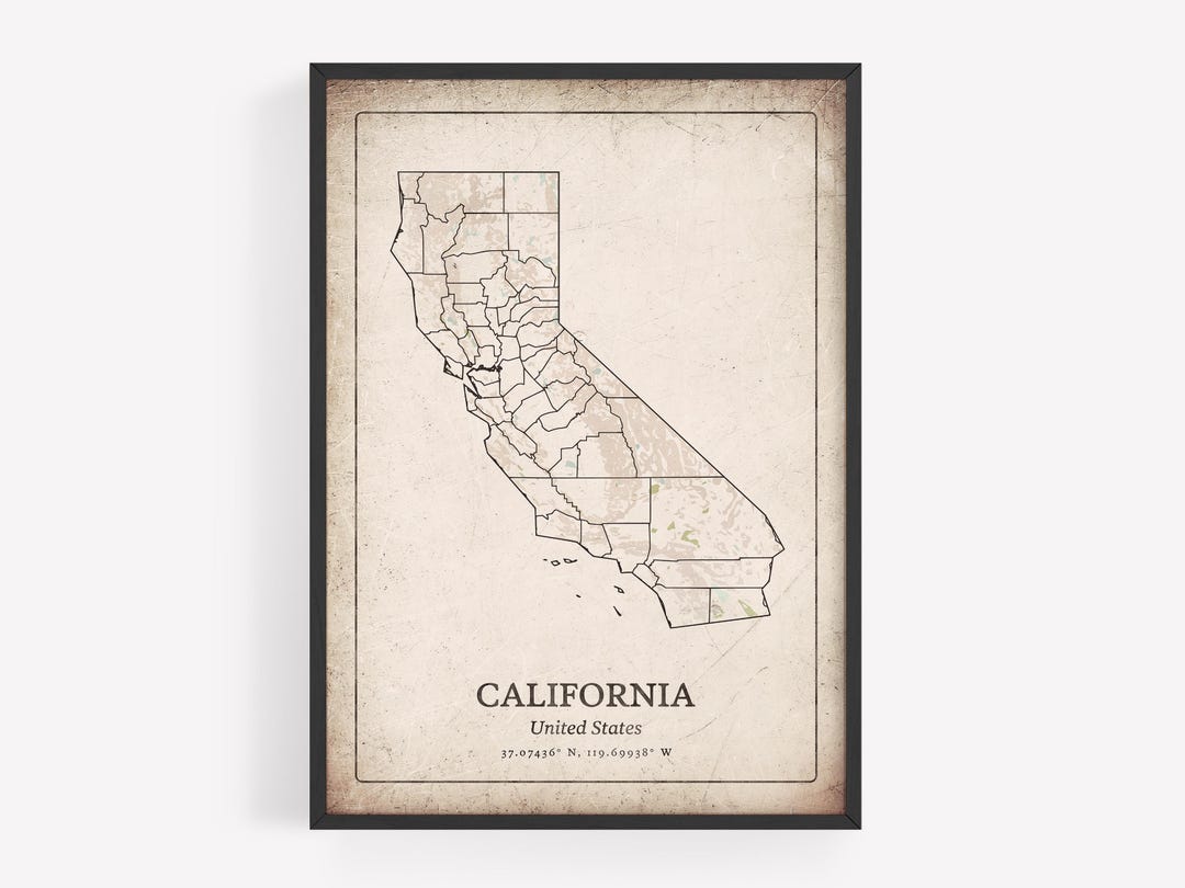 Classic California Map Print, Retro Distressed Wall Art, California ...