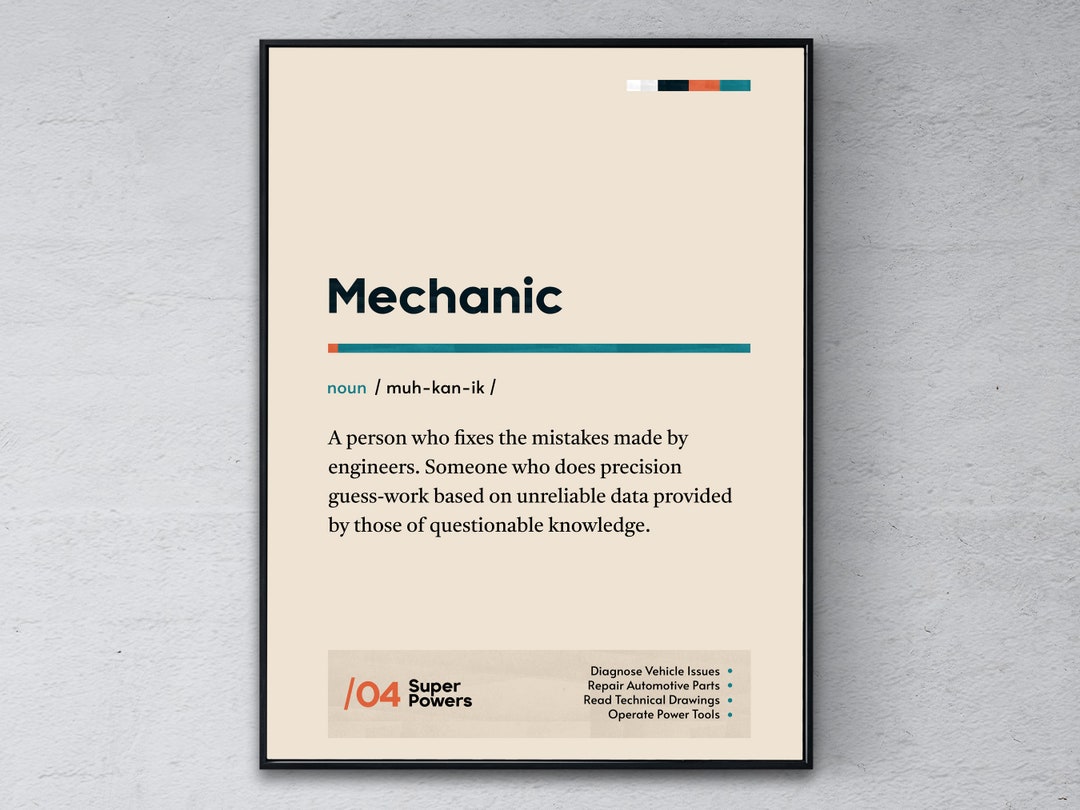 Mechanic Definition Poster, Repairman Coworker Wall Art, Funny Modern ...