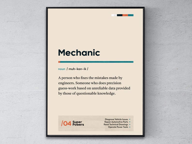 Mechanic Definition Poster, Repairman Coworker Wall Art, Funny Modern ...