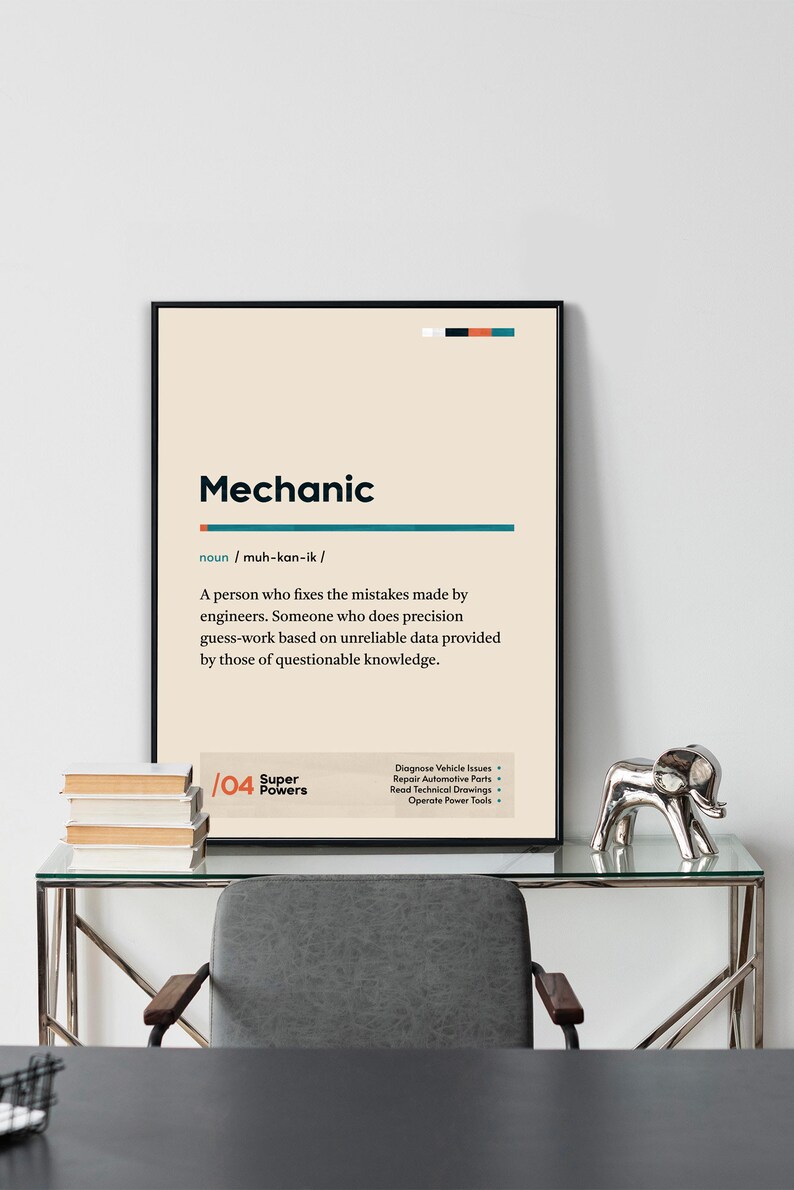 Mechanic Definition Poster, Repairman Coworker Wall Art, Funny Modern ...