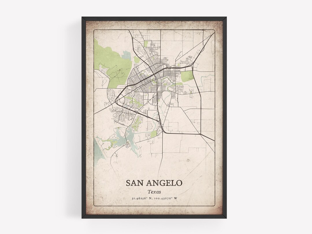 Rustic San Angelo Map Print, Distressed Retro Wall Art, San Angelo City ...