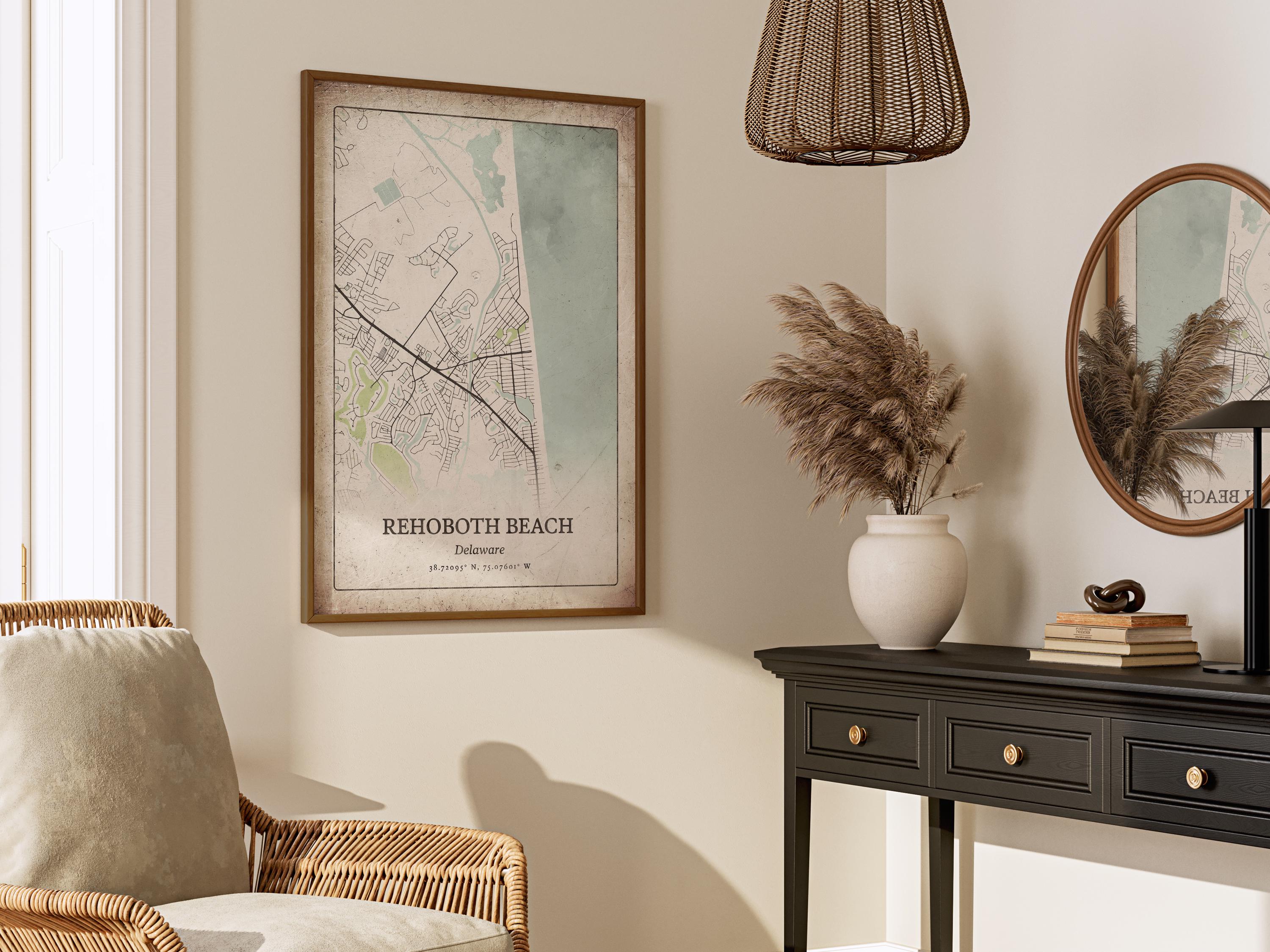 Classic Rehoboth Beach Map Print, Distressed Grunge Wall Art, Rehoboth ...
