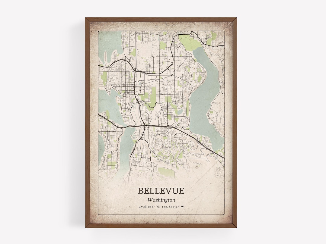 Rustic Bellevue Map Print, Vintage Grunge Wall Art, Bellevue City ...