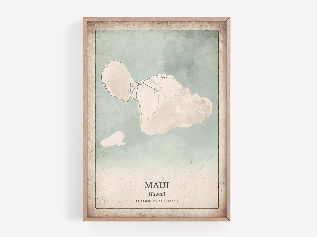 Vintage Maui Map Print, Rustic Classic Wall Art, Maui City Poster ...