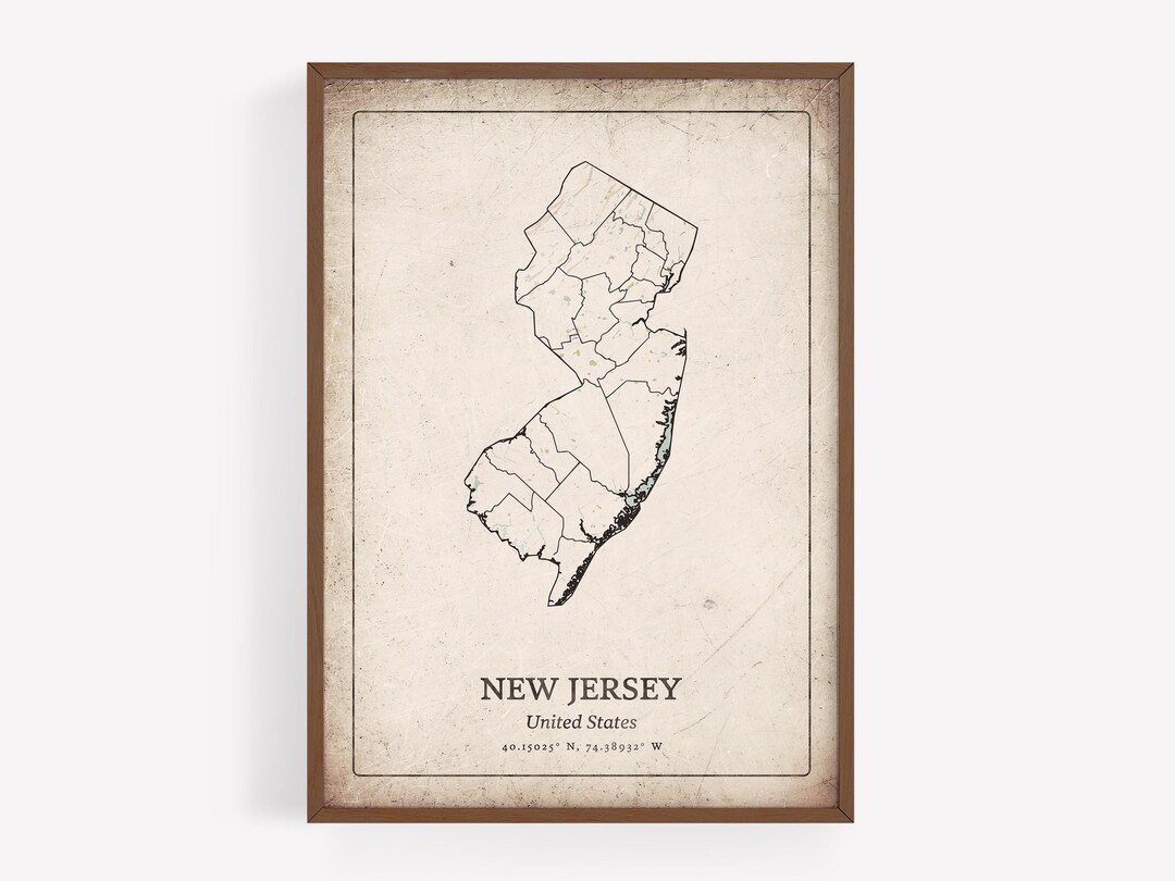 Rustic New Jersey Map Print, Vintage Classic Wall Art, New Jersey State ...
