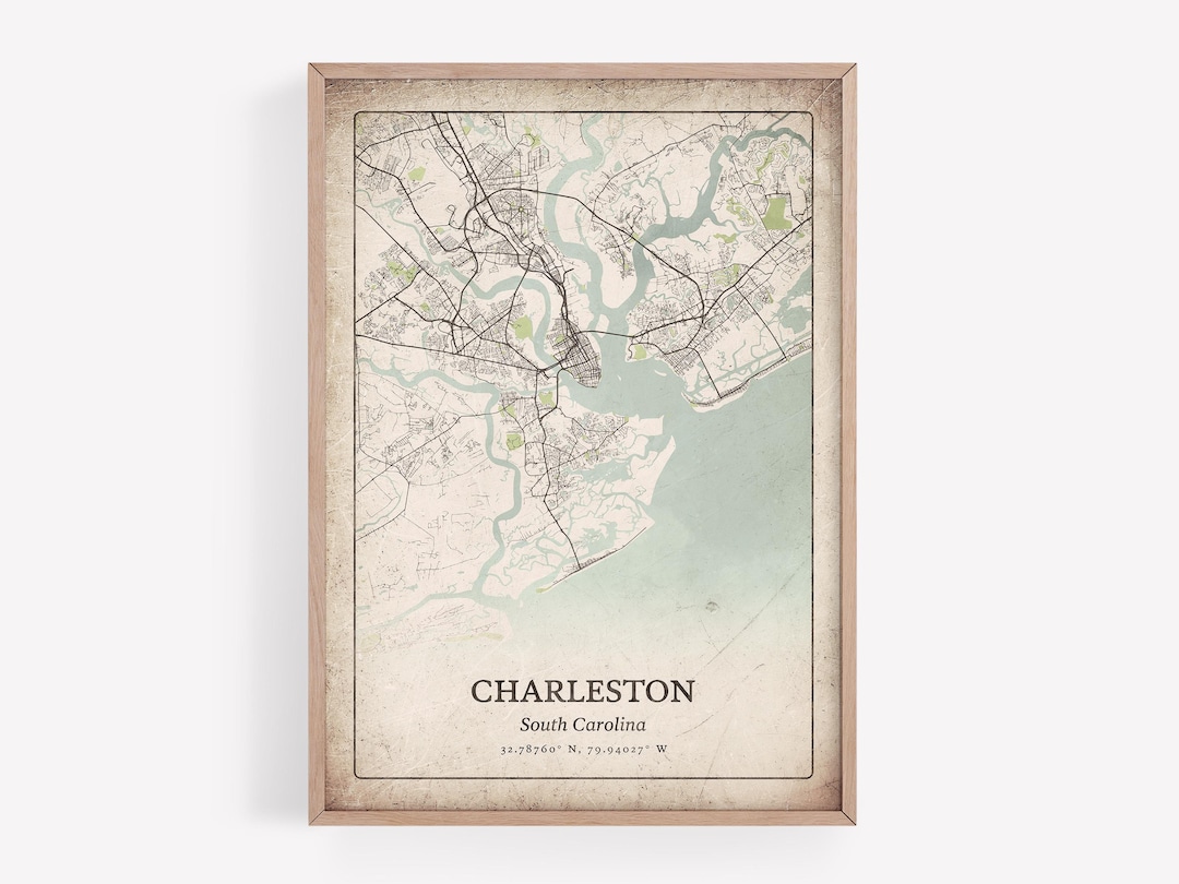 Vintage Charleston Map Print, Retro Classic Wall Art, Charleston City ...