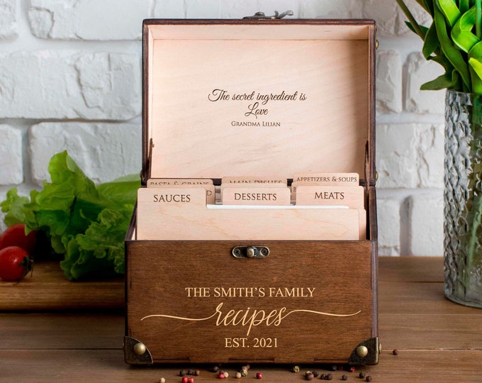Recipe Box With Dividers & 4x6 Recipe Cards Personalized Engraved Wood ...