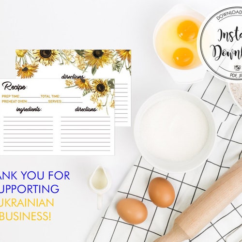 Sunflower Recipe Card Template Instant Download Printable | Etsy