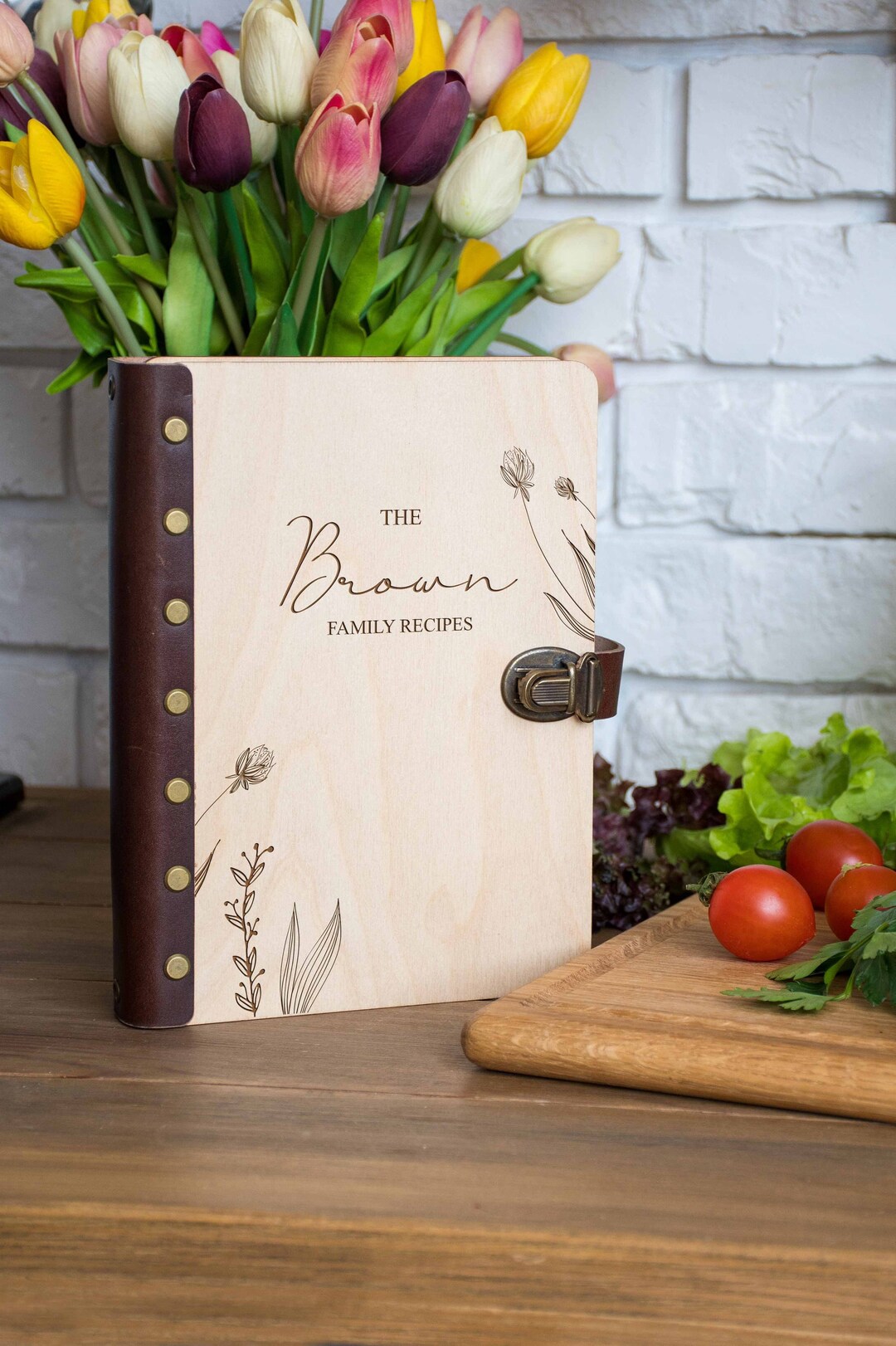 Wooden Cookbook Wedding Recipe Book Binder Engraved Floral Recipes ...