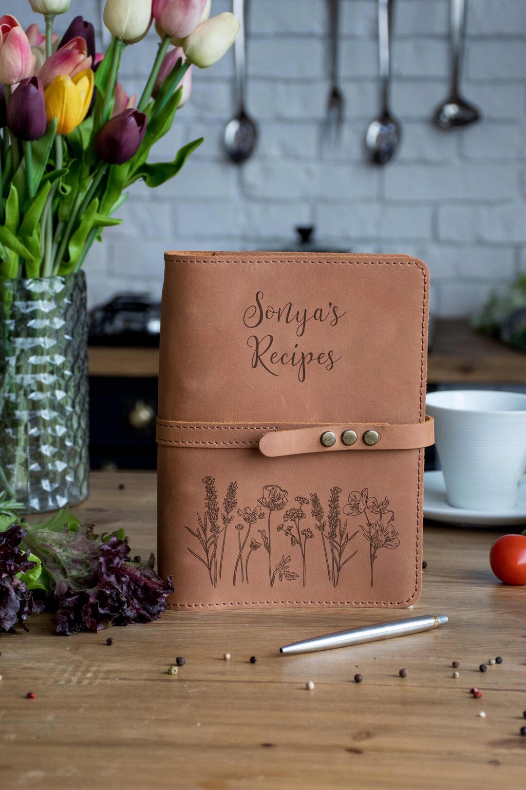 Leather Recipe Book With Flowers Personalized Mothers Day Gift Recipe ...