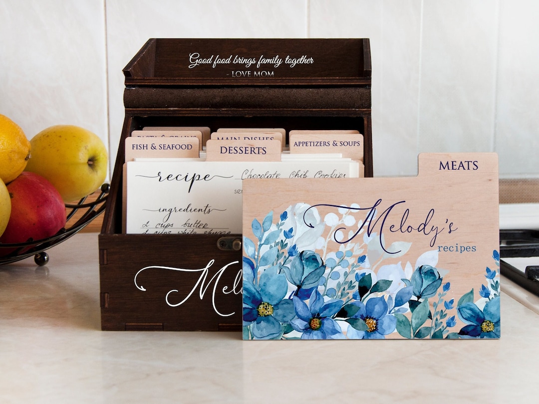 Personalized Recipe Box With Blue Flowers Wooden Recipe Card Box for ...